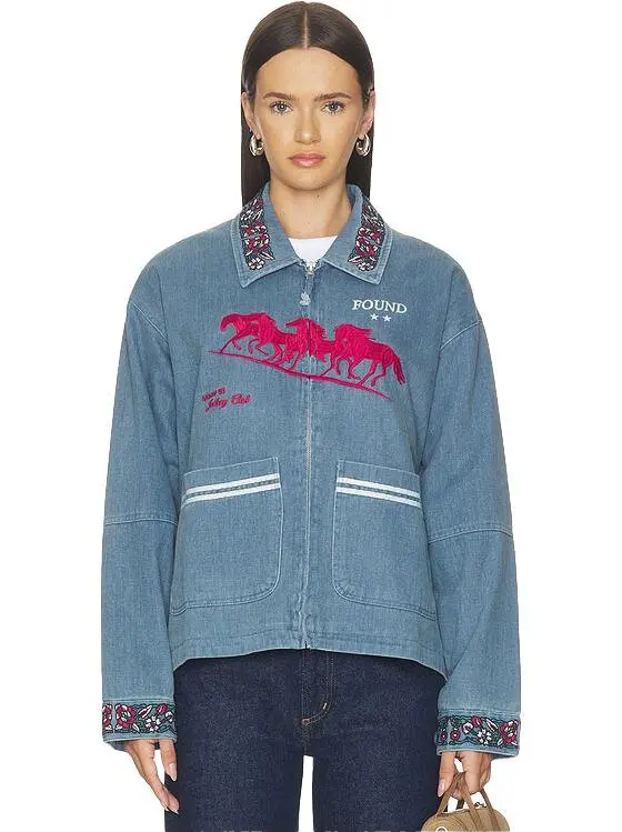 FOUND Jockey Club Embroidered Denim Jacket - Faded Navy