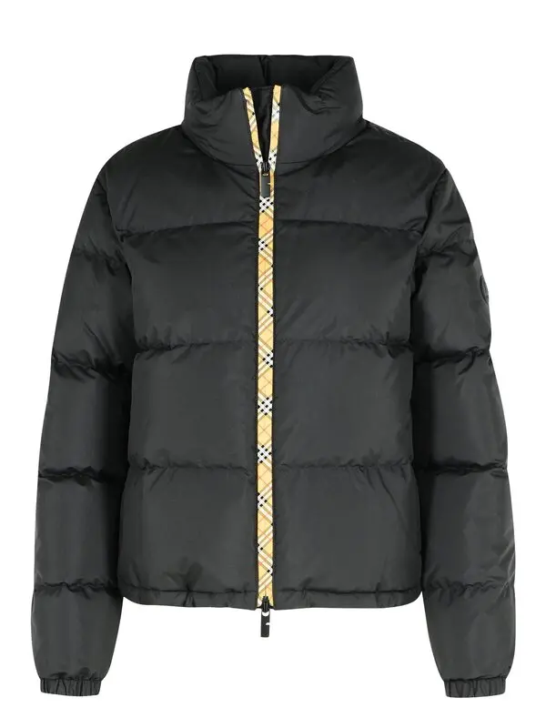 Burberry Polyester Down Jacket With Check Weave Hood - Black