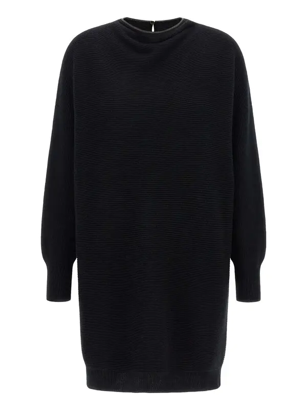 Brunello Cucinelli Ribbed Knit Mini Dress With Precious Collar - Black