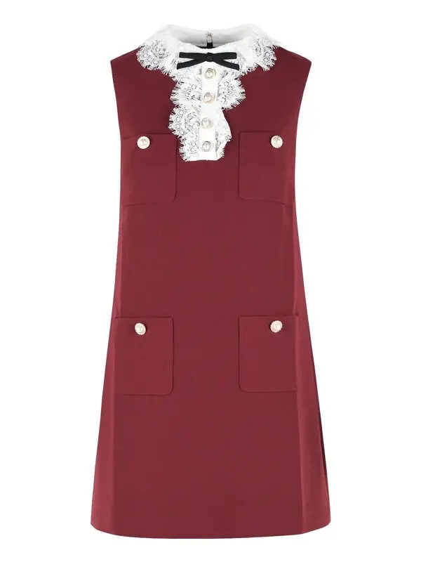SELF-PORTRAIT Polyester Crêpe Mini Dress With Burgundy Lace Collar - Multicolor