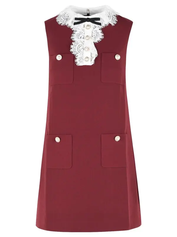 SELF-PORTRAIT Polyester Crêpe Mini Dress With Burgundy Lace Collar - Multicolor