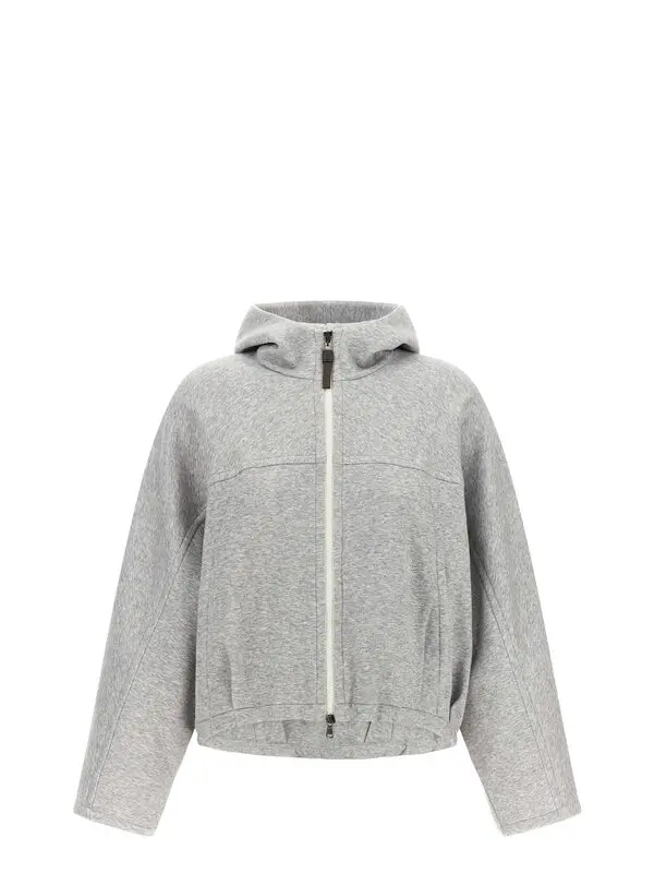 Brunello Cucinelli Cropped Hoodie With Shiny Zipper Pull - Gray