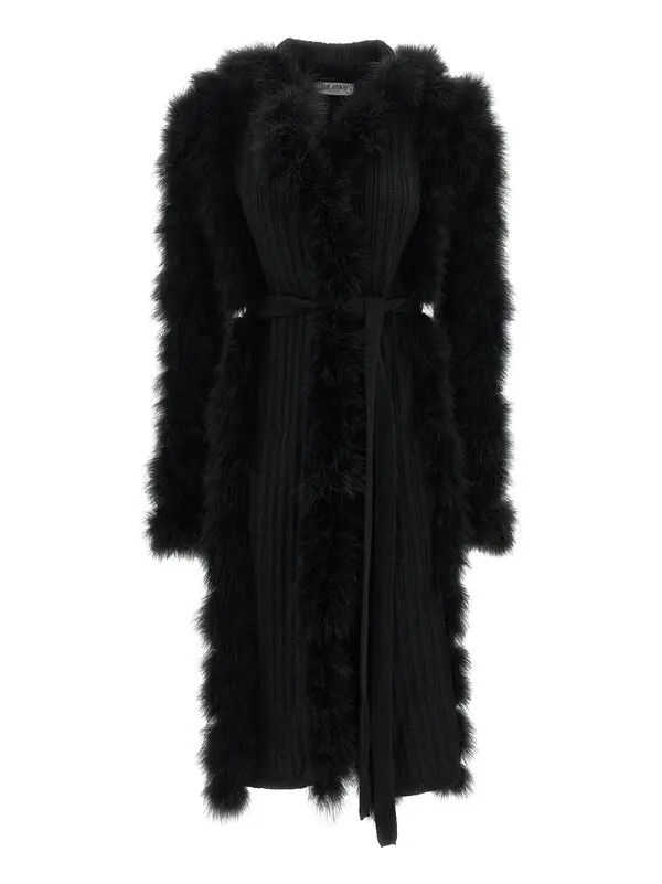 Attico Long Coat With Feather Trim - Black