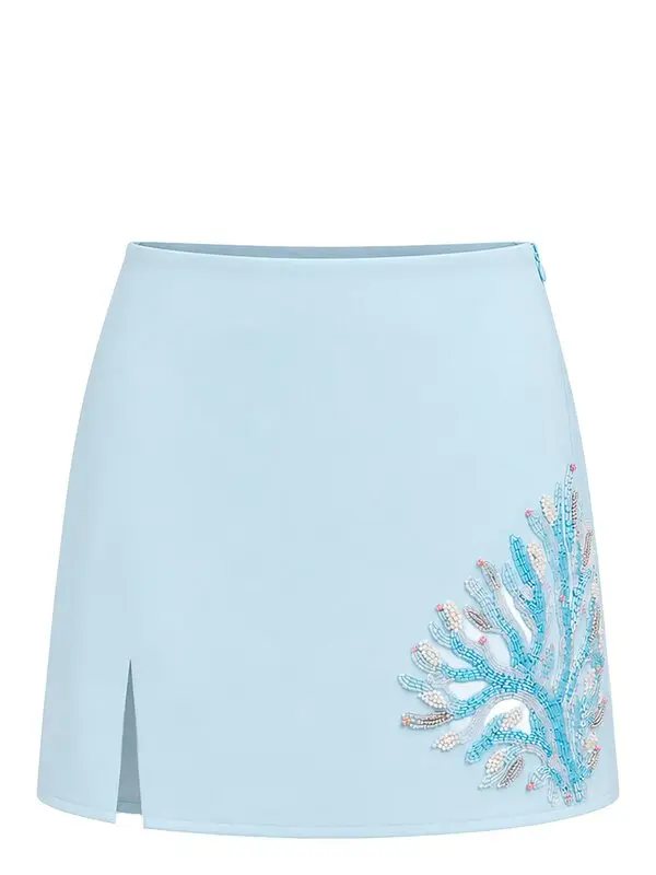 LAURA SLINGS Embellished Beaded Skirt With Coral Embroidery - Blue