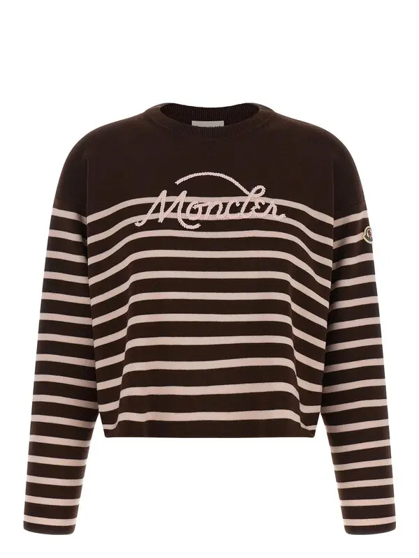 Moncler Striped Virgin Wool Sweater With Embroidered Logo - White