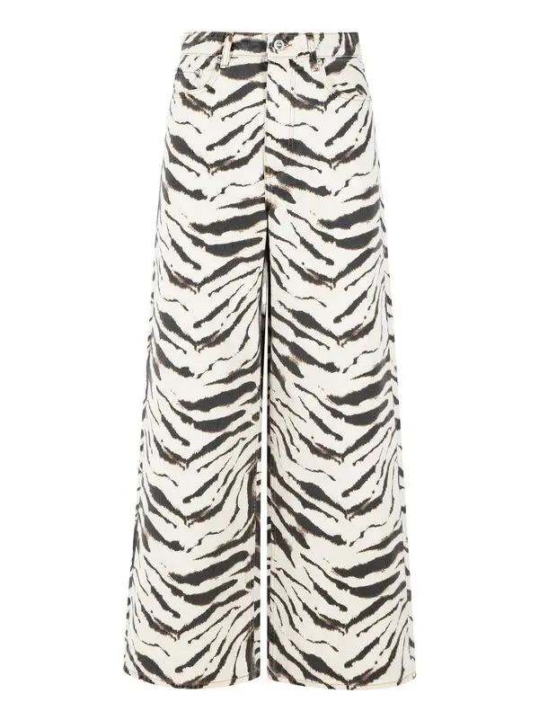 GANNI Zebra Print Wide Leg Jeans - Cream