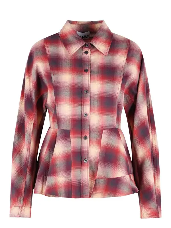 GANNI Cotton Shirt With Contrast Stitching And Ruffled Hem - Red