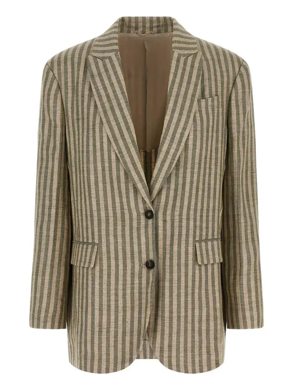 Brunello Cucinelli Striped Linen Blend Blazer - Green