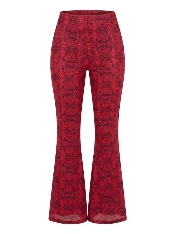 JANARA JONES Snakes Print Mesh High-waist Flared Pants - Red