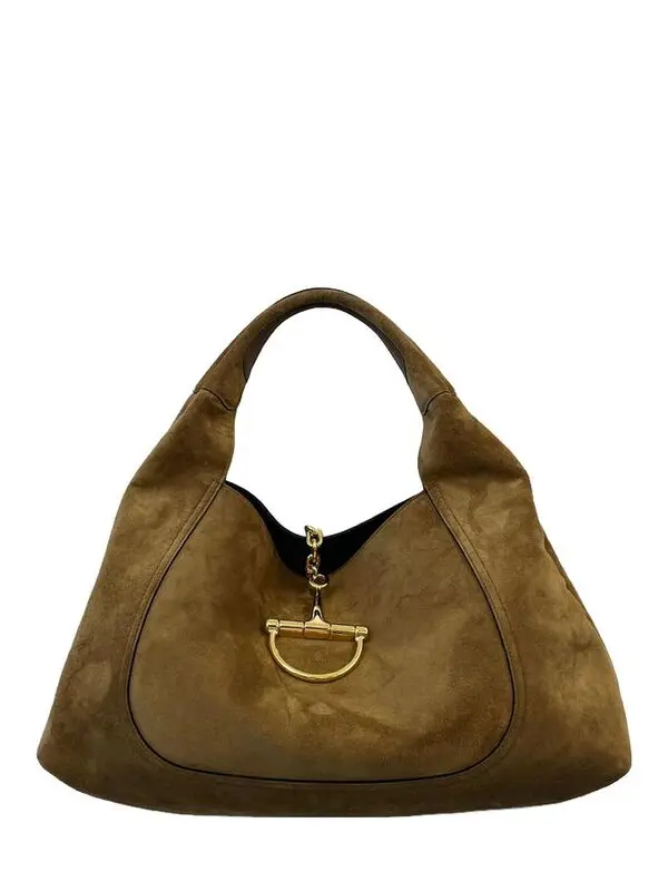 Gucci Calf Suede Shoulder Bag With Gold-toned Horsebit Detail - Brown