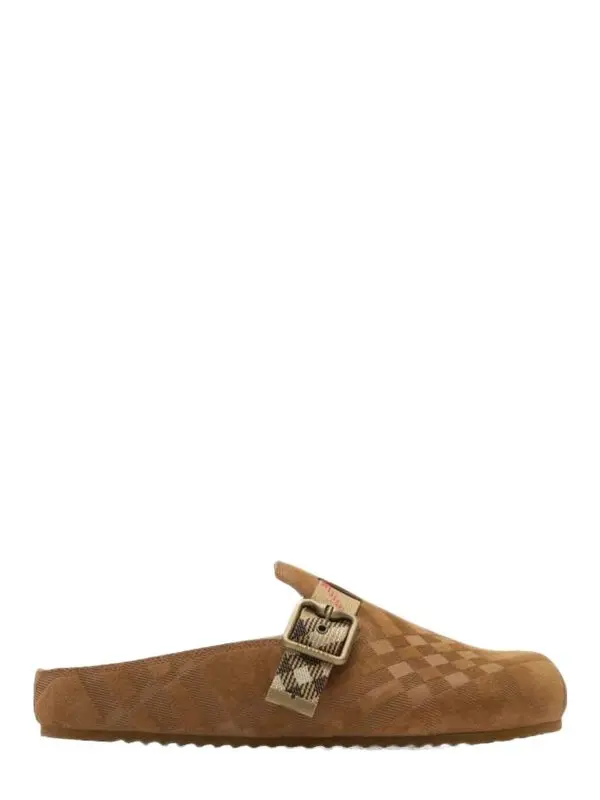 Burberry Checked Buckled Shearling Lined Slippers - Brown