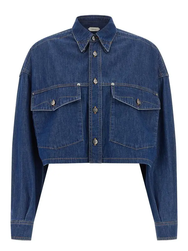 Versace Cropped Cotton Denim Shirt With Medusa Hardware - Blue