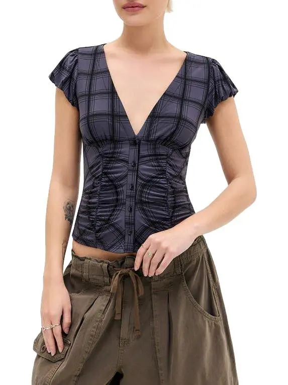 BDG URBAN OUTFITTERS Striped Ruched V-neck Top - Blue
