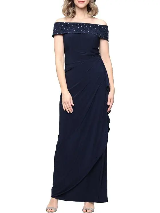 Alex Evenings Embellished Off-the-shoulder Jersey Gown - Navy