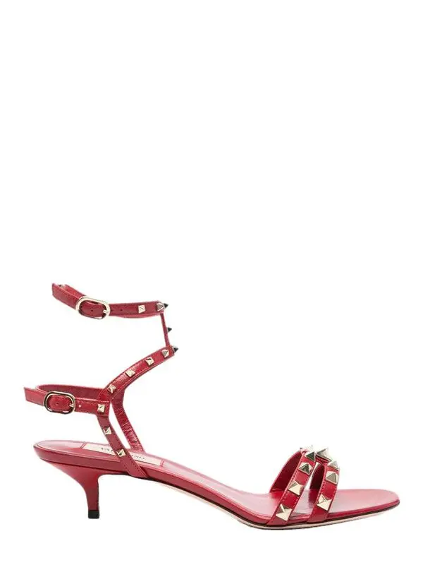Valentino Garavani Rockstud Embellished Leather Kitten Heel Sandals - Red
