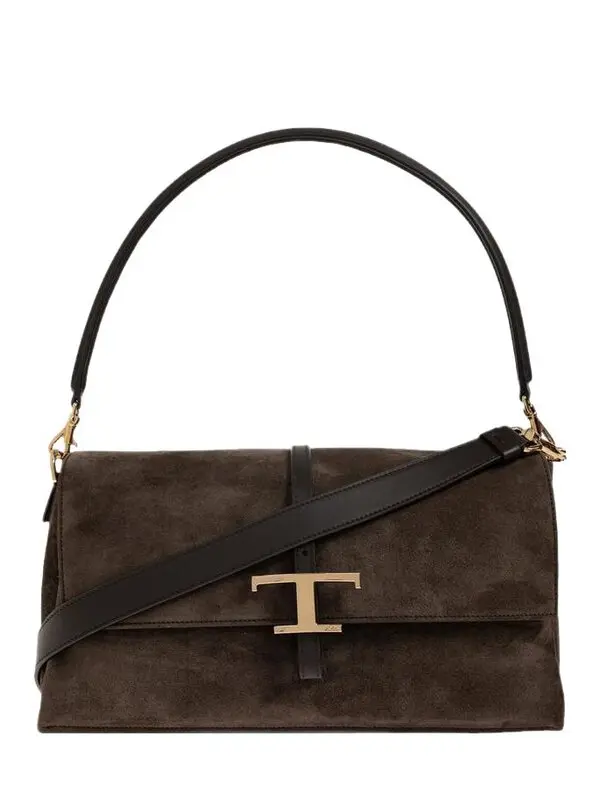 TOD'S Calf Suede Shoulder Bag With Gold-tone T Timeless Plaque - Brown