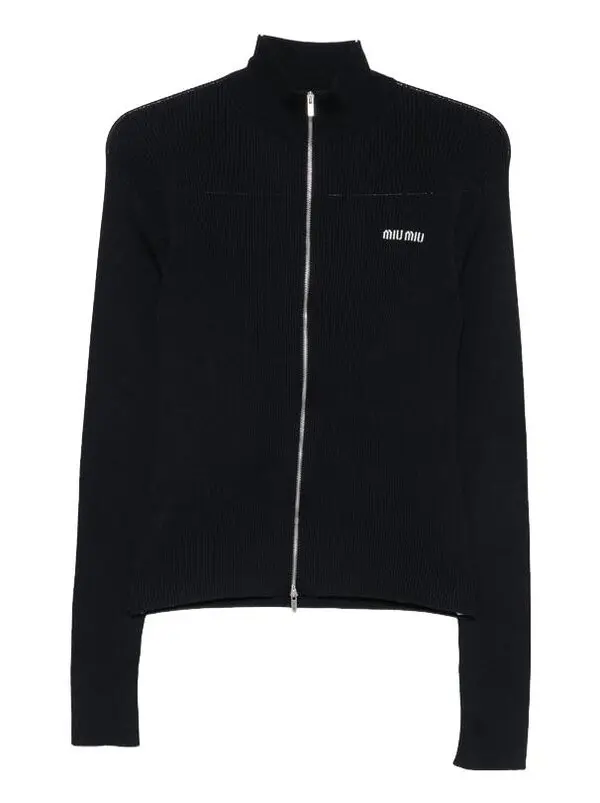 Miu Miu Ribbed Knit High Neck Zip Cardigan - Blue