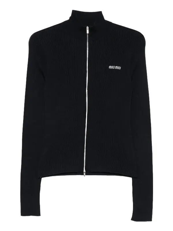 Miu Miu Ribbed Knit High Neck Zip Cardigan - Blue