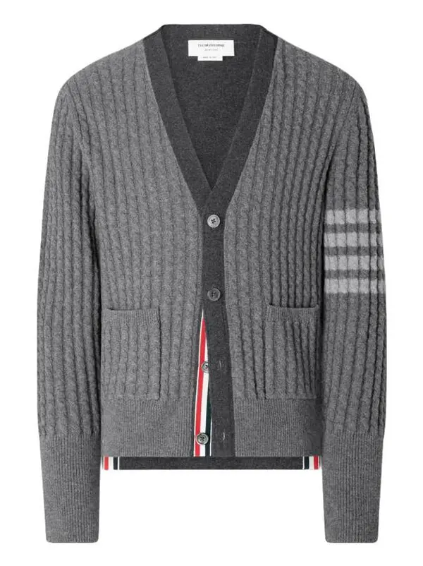 Thom Browne Grey Wool Cable-knit V-neck Cardigan - Gray