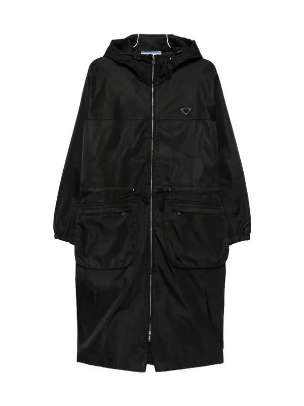 Prada Oversized Coat With Drawstring Hood And Enamel Triangle Logo - Black