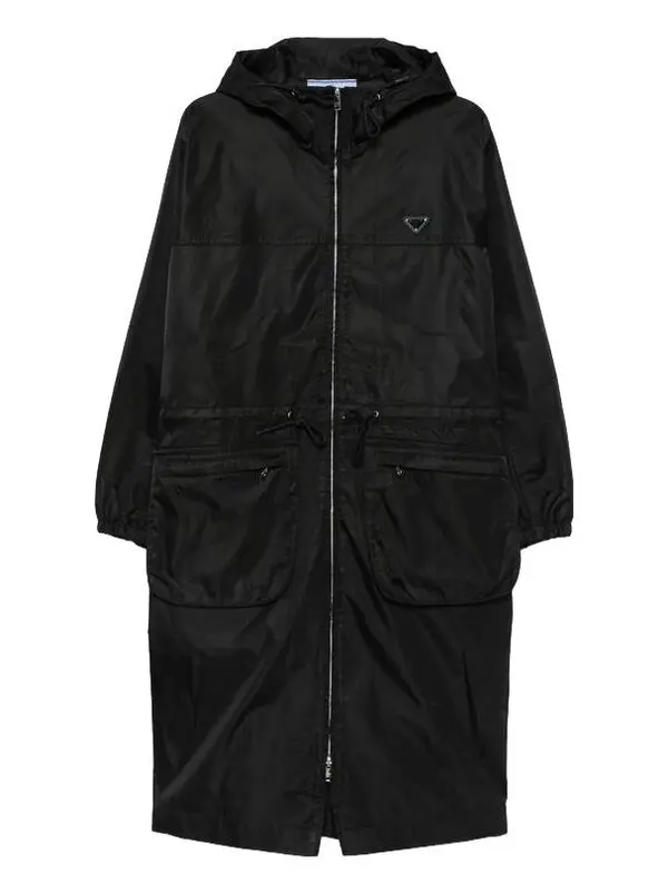 Prada Oversized Coat With Drawstring Hood And Enamel Triangle Logo - Black