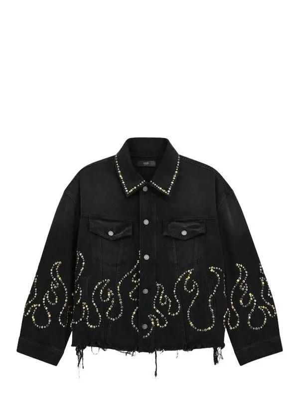 Amiri Embellished Flame Motif Denim Jacket - Black