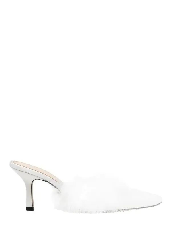 Mach & Mach Feather Trim Square Toe Kitten Heel Mules - White