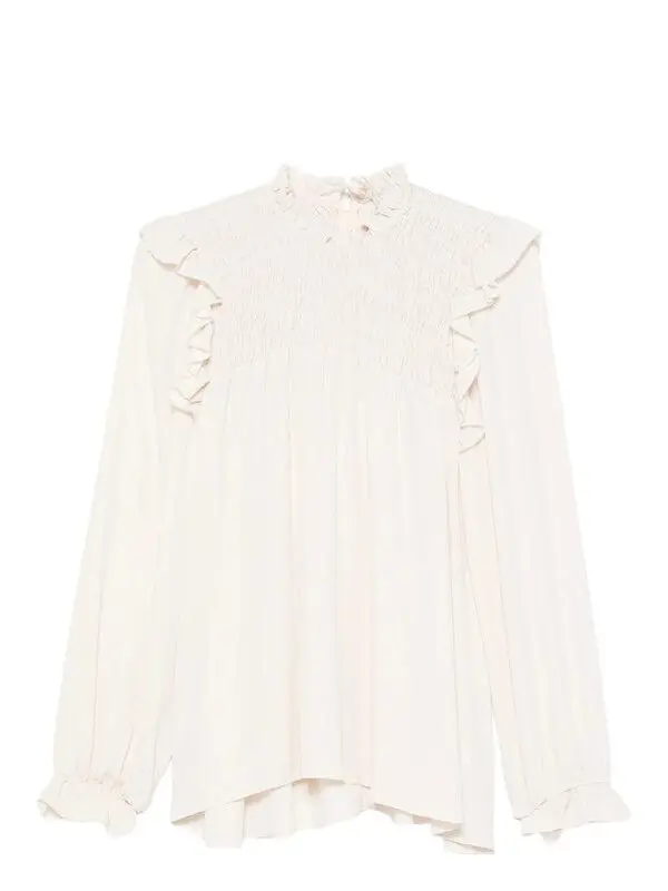 FORTE_FORTE Ivory Smocked Panel Ruffle Trim High Neck Long Sleeve Blouse - Cream