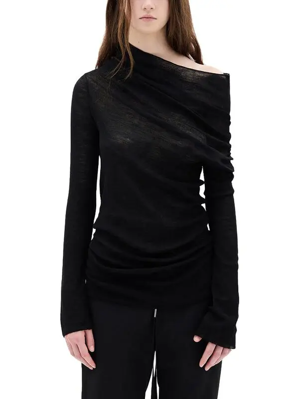 ANN DEMEULEMEESTER Virgin Wool Long Sleeve Draped Top - Black
