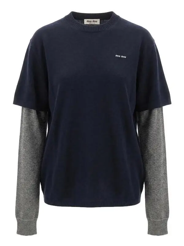 Miu Miu Navy Wool Horizontal Stripe Pattern Crew Neck Long Sleeve Layered Knitwear Jumper - Blue
