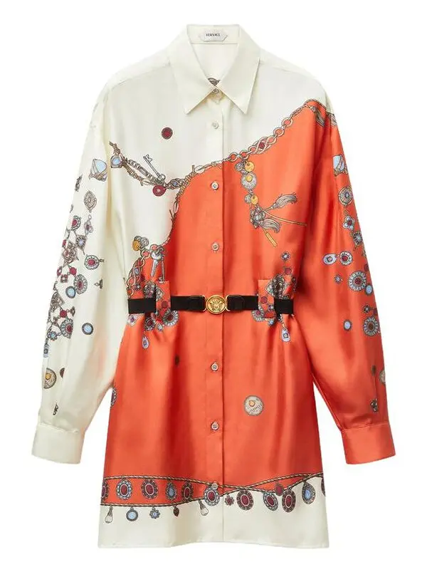 Versace Stolen Jewels' Print Silk Mini Shirt Dress - Orange