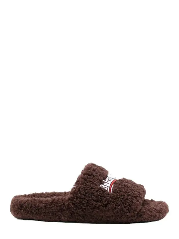 Balenciaga Embroidered Logo Shearling Slides - Brown