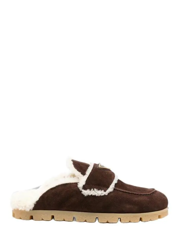 Prada Suede Shearling Trim Slippers - Brown