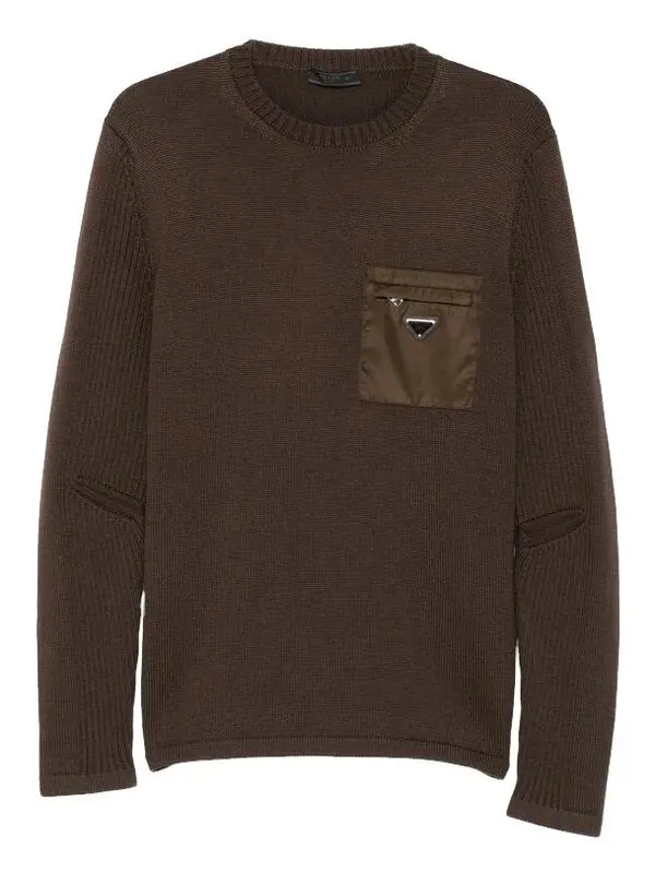 Prada Wool Crew Neck Long Sleeve Sweater With Pocket Detail - Brown