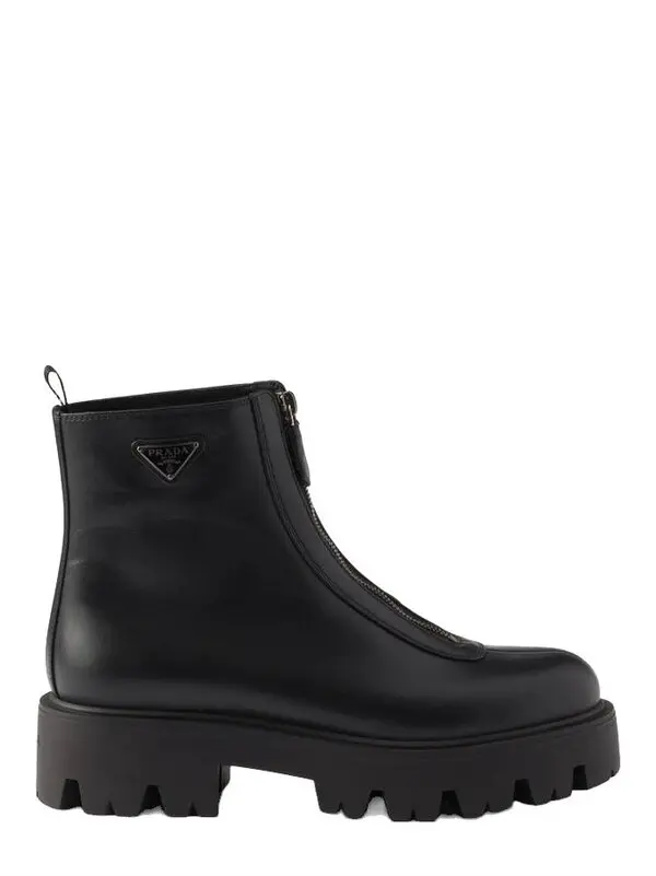 Prada Leather Zip-up Ankle Boots With Lug Sole - Black