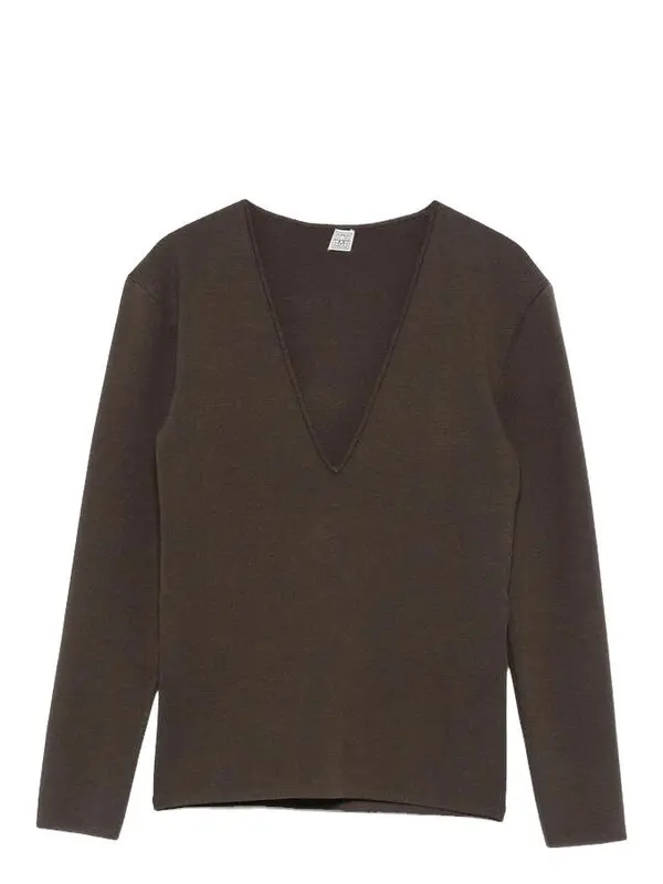 TOTEME Ribbed Knit V-neck Long Sleeve Jumper - Brown
