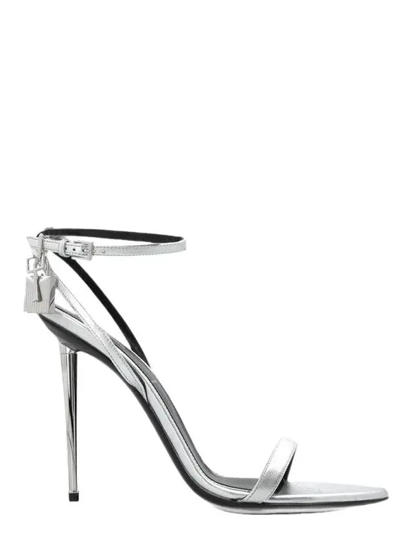 TOM FORD Metallic Leather Ankle Strap Stiletto Sandals With Padlock Charm - Silver