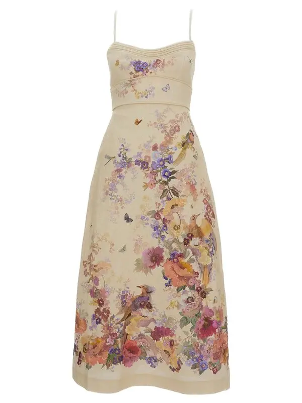 Zimmermann Alchemy Midi Dress In Cream Multi Floral Linen - Multicolor