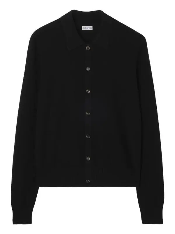 Burberry Fine-knit Wool Collared Cardigan With Signature Check Placket - Black