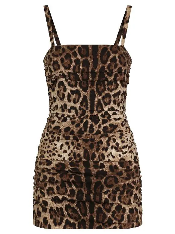 Dolce & Gabbana Leopard Print Ruched Mini Dress - Cream