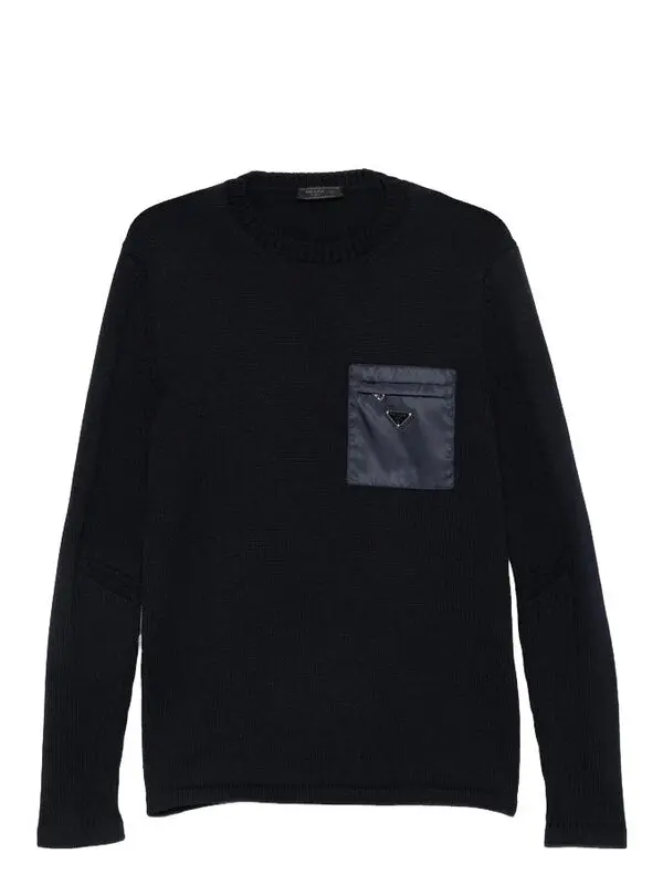 Prada Virgin Wool & Recycled Polyamide Crew Neck Sweater With Zip-fastening Pocket - Blue