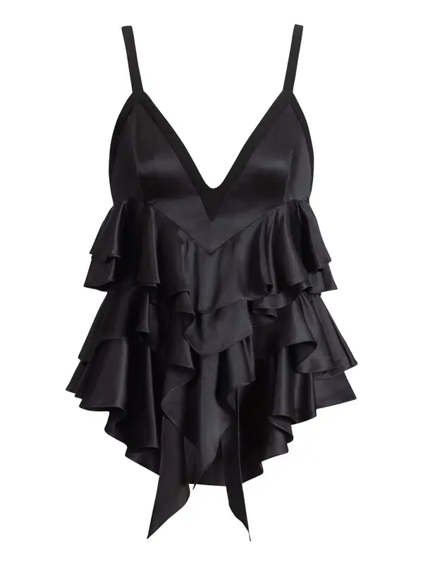 Balmain Silk Satin Ruffled Evening Top - Black