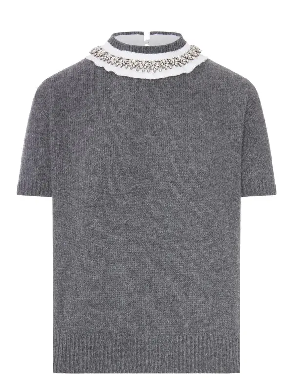Prada Embellished Collar Short-sleeved Knitted Jumper - Slate Grey