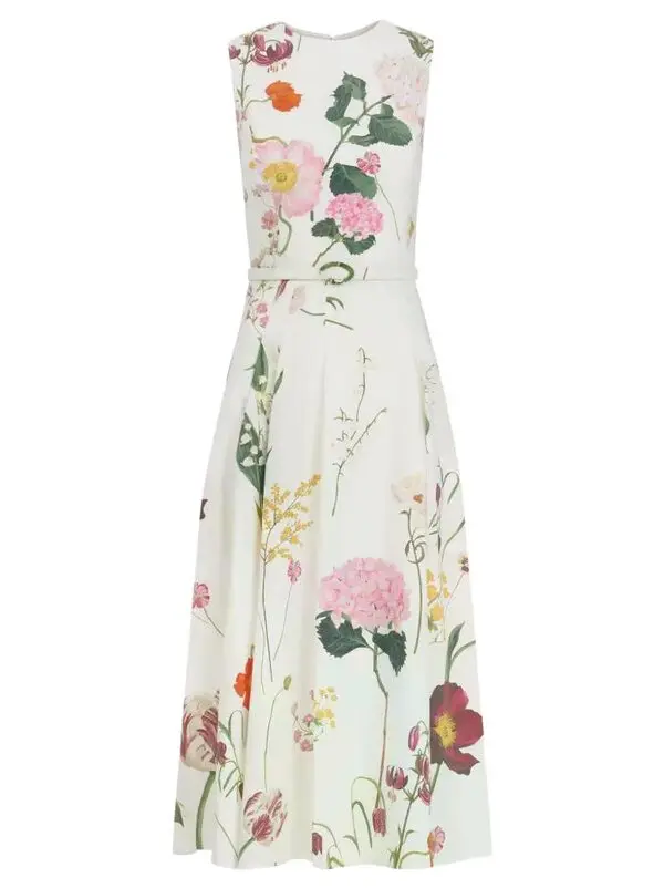 Oscar De La Renta Sleeveless Botanical Print Midi Dress - White