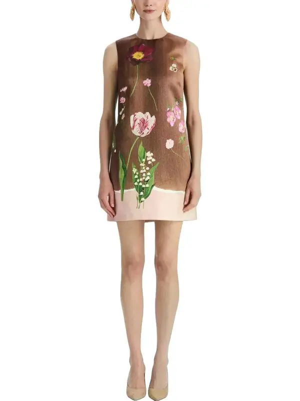 Oscar De La Renta Botanical Print Shift Mini Dress - Brown