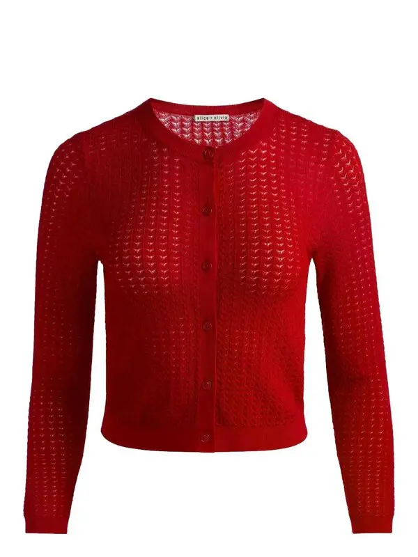 Alice + Olivia Pointelle Knit Crew Neck Cardigan - Red