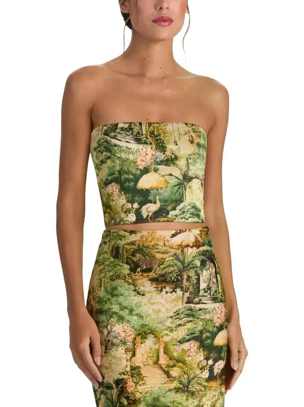 Alice + Olivia Ceresi Landscape-print Smocked Bandeau Top - Green