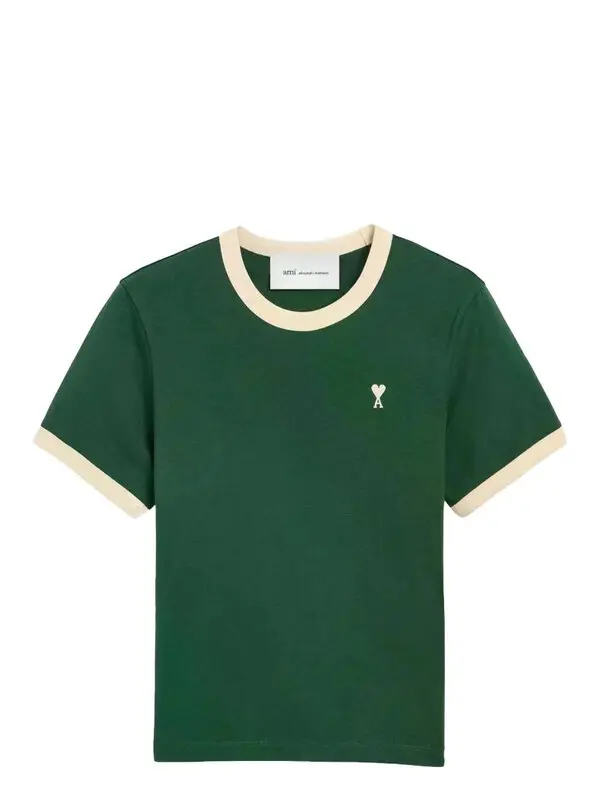 AMI Paris Contrasted Cotton T-shirt With De Coeur Embroidery - Green