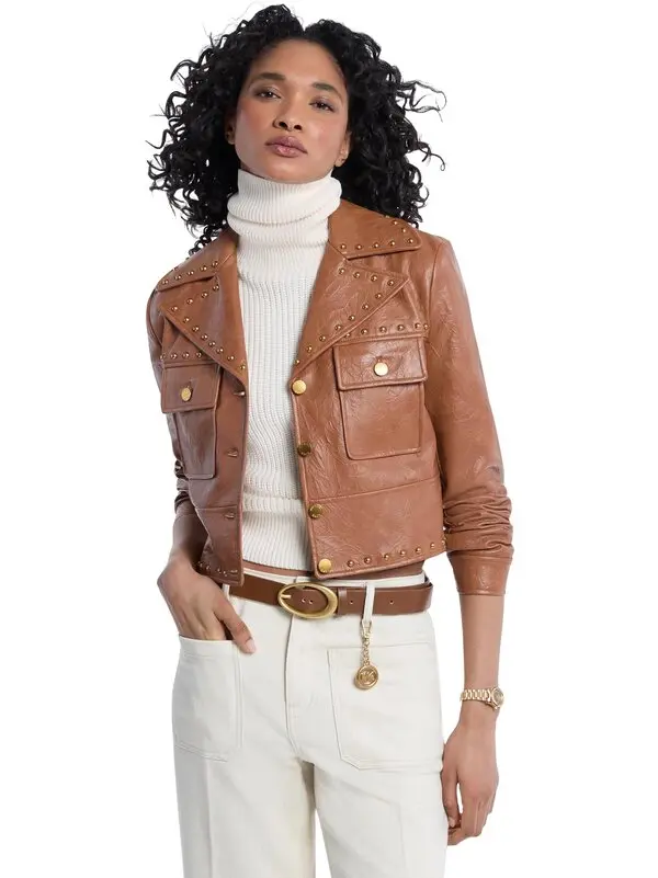 Michael Kors Crinkled Studded Cropped Jacket - Brown