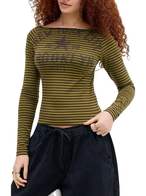BDG URBAN OUTFITTERS Striped Graphic Long Sleeve Top - Green Stripe